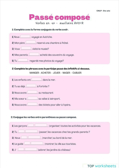 Passé composé. Auxiliaire -avoir- - PP réguliers. Fiche interactive ...