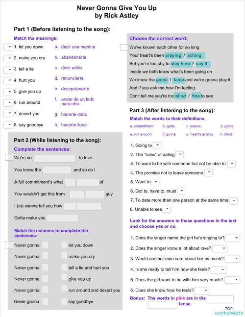 Never Gonna Give You Up (Abrahán). Interactive worksheet | TopWorksheets