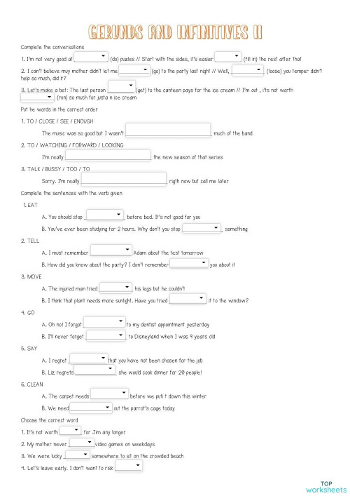 Gerunds and infinitives II. Interactive worksheet | TopWorksheets