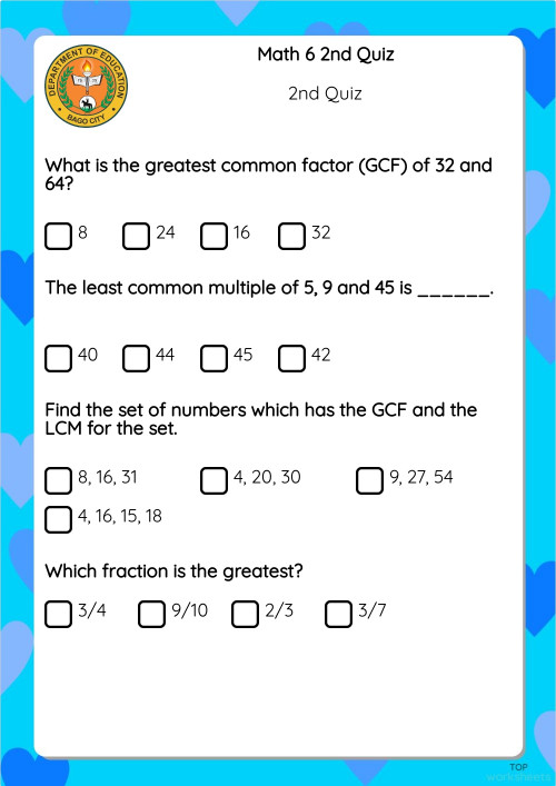 Math 6 2nd Quiz. Interactive worksheet | TopWorksheets