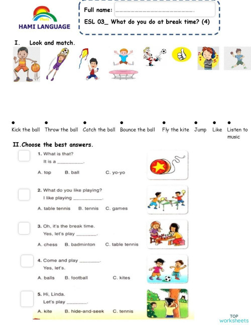 (4) What do you play at break time?. Interactive worksheet | TopWorksheets
