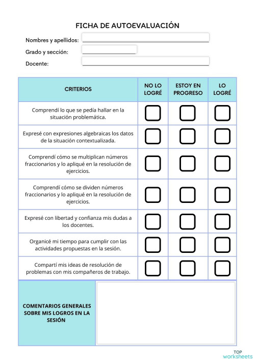 Ficha de autoevaluación (online). Ficha interactiva | TopWorksheets