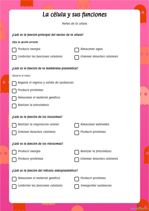 La célula y sus funciones. Ficha interactiva | TopWorksheets