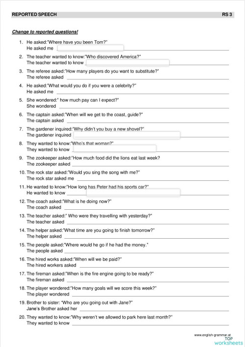 Reported speech - homework. Interactive worksheet | TopWorksheets