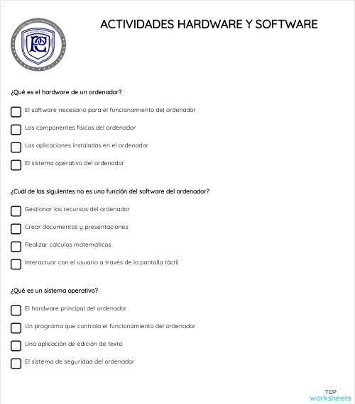 ACTIVIDADES HARDWARE Y SOFTWARE. Ficha interactiva | TopWorksheets