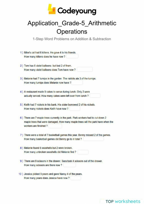 Application-1-Step Word Problems on Addition & Subtraction. Interactive ...