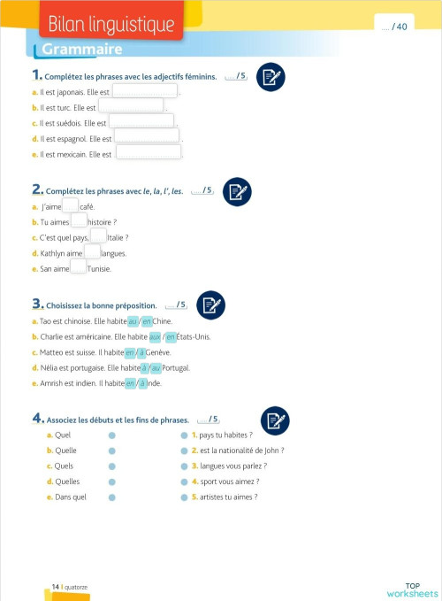 Grammaire: interactive worksheets and online exercises | TopWorksheets