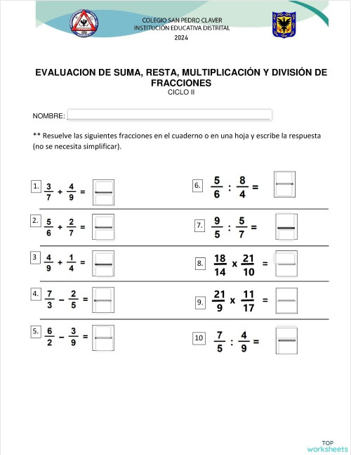 OPERACIONES BÁSICAS CON FRACCIONES. Ficha interactiva | TopWorksheets