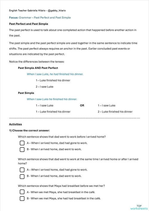 Verb Tenses - Past Perfect and Past Simple. Interactive worksheet ...