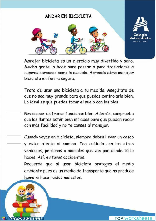 Comprensión lectora bicicleta. Ficha interactiva | TopWorksheets