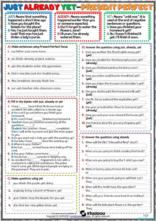 Yet, Already, Just - present perfect. Interactive worksheet | TopWorksheets