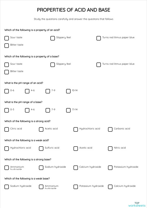 PROPERTIES OF ACID AND BASE. Interactive worksheet | TopWorksheets