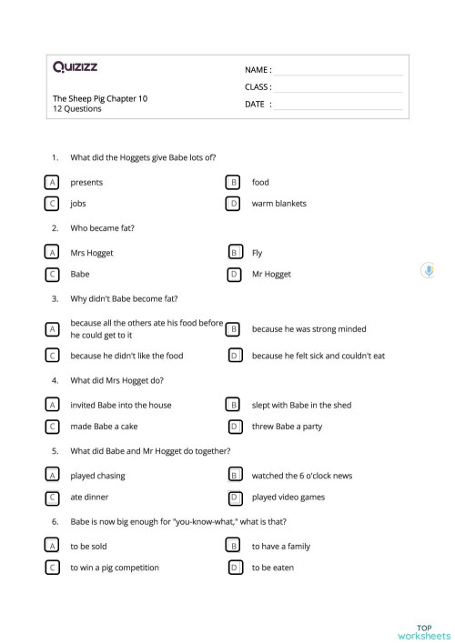 The Sheep Pig Chapter 10. Interactive worksheet | TopWorksheets