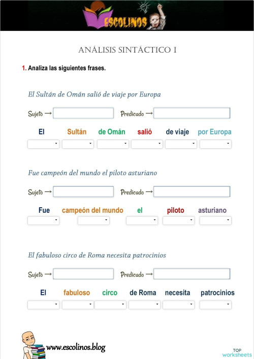 Análisis sintáctico I. Ficha interactiva | TopWorksheets