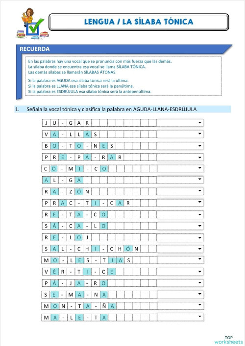 Acentuación: fichas interactivas y ejercicios online | TopWorksheets