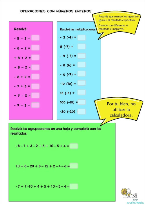 OPERACIONES CON NÚMEROS ENTEROS. Ficha interactiva | TopWorksheets