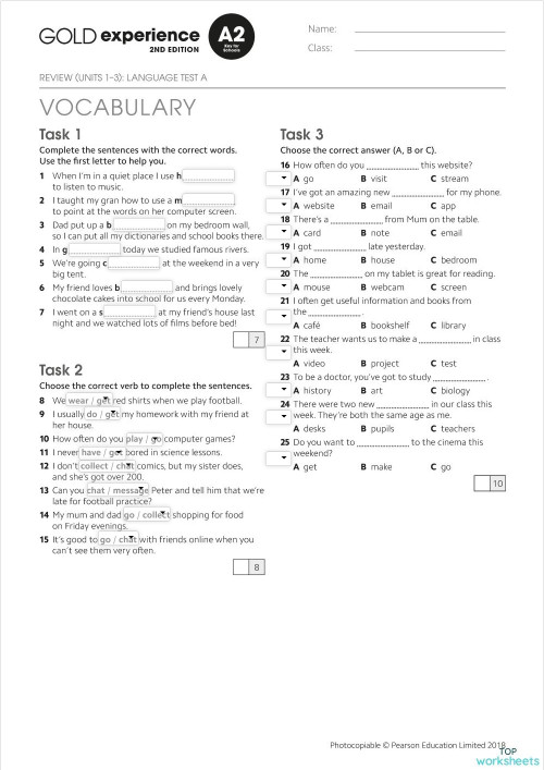 Lesson 11 - Units 1-3 Language Test. Interactive worksheet | TopWorksheets