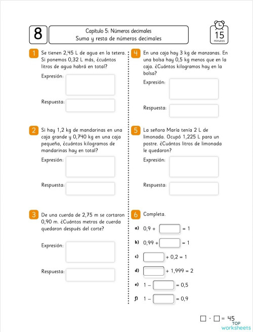 Suma de números decimales. Ficha interactiva | TopWorksheets