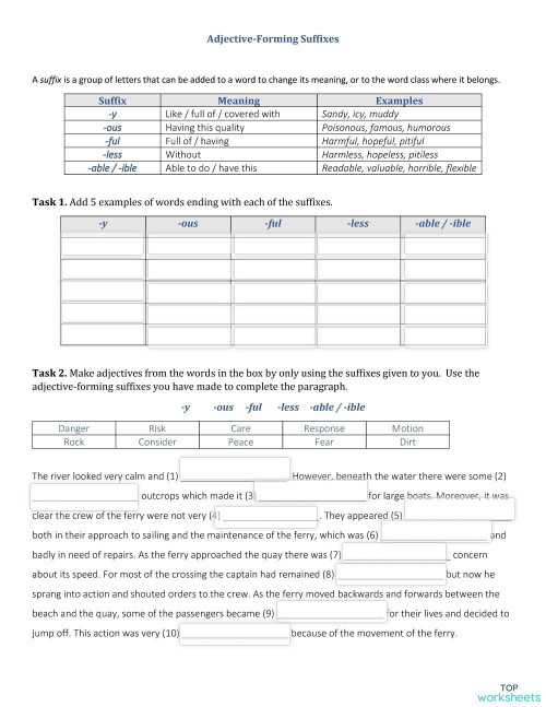 Adjective-Forming Suffixes. Interactive worksheet | TopWorksheets