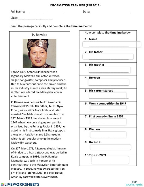P Ramlee Information Transfer. Interactive worksheet | TopWorksheets