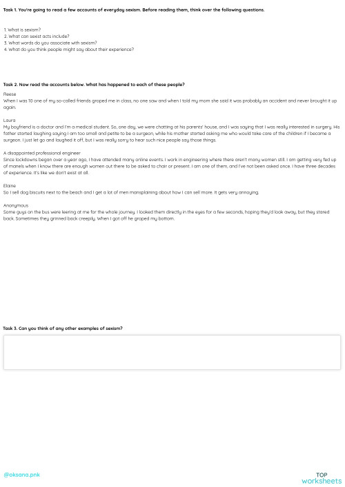 Lesson 77: Everyday sexism (Pre-class worksheet). Interactive worksheet ...
