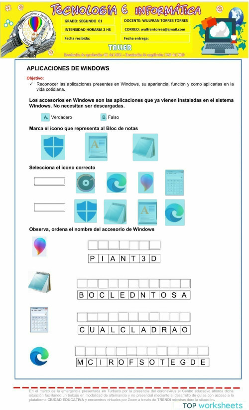 Accesorios de windows. Ficha interactiva | TopWorksheets