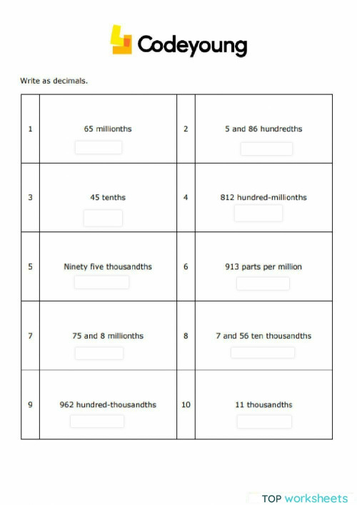 Basics of Decimals Application. Interactive worksheet | TopWorksheets