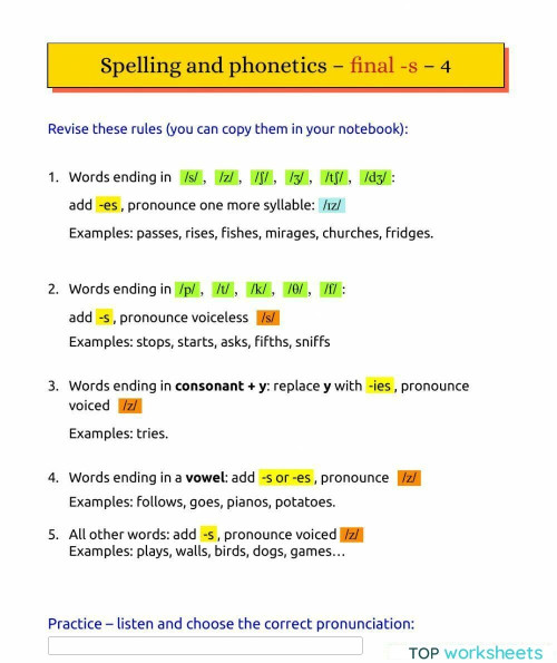 Phonetics: pronunciation of final -s - 4. Interactive worksheet ...