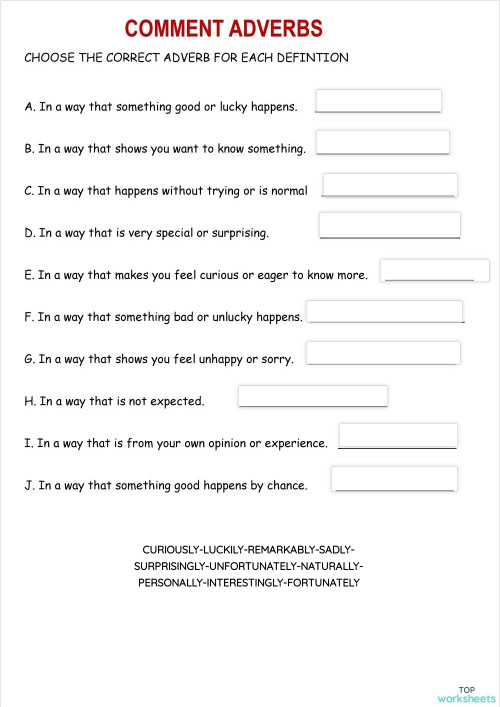 COMMENT ADVERBS. Interactive worksheet | TopWorksheets