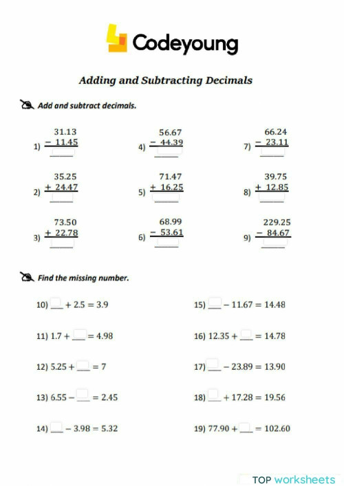 Addition and Subtraction of Decimals Concept CW. Interactive worksheet ...