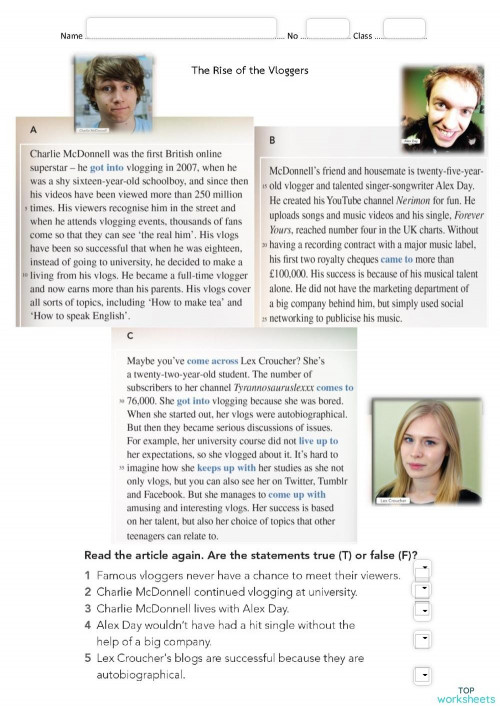The rise of the vloggers M.6/3 ใบงานเชิงโต้ตอบ | TopWorksheets