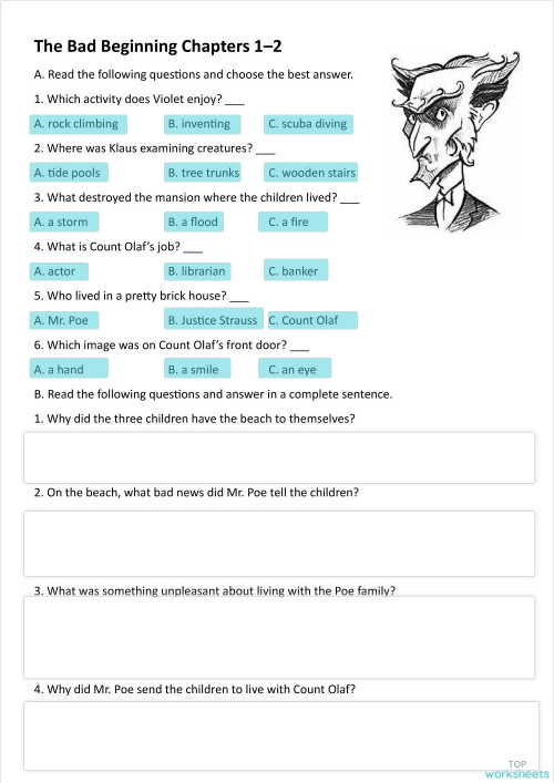 The Bad Beginning Chapters 1 and 2. Interactive worksheet | TopWorksheets