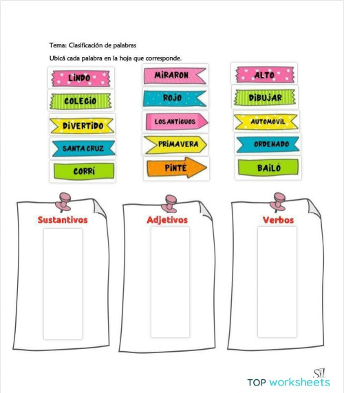 Sustantivos, verbos y adejtivos. Ficha interactiva | TopWorksheets