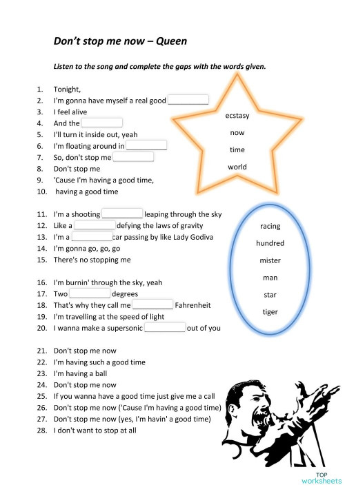 Don't Stop Me Now. Interactive worksheet | TopWorksheets