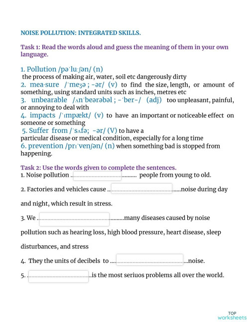 Grade 8: Reading about Noise pollution -NgaDao. Interactive worksheet ...