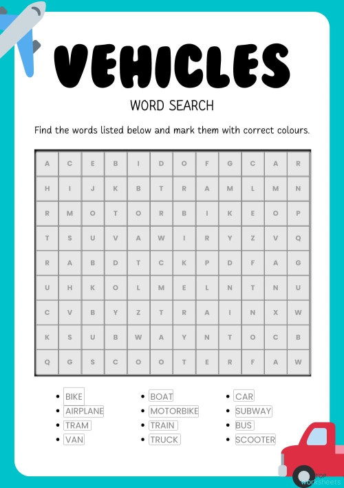 Vehicles word finding ใบงานเชิงโต้ตอบ | TopWorksheets