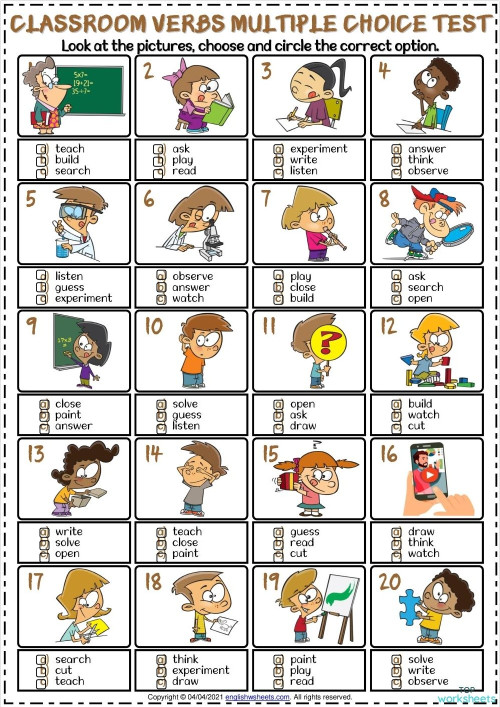Classroom Verbs Test. Interactive worksheet | TopWorksheets