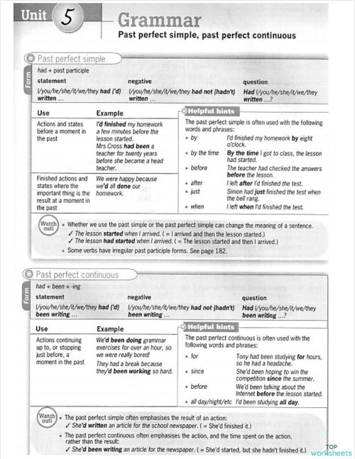 UNIT 5 PAST PERFECT SIMPLE - CONTINUOUS. Interactive worksheet ...