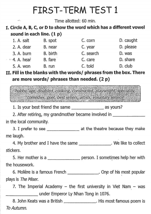 GRADE 7 - FIRST TERM TEST REVIEW 01. Interactive worksheet | TopWorksheets