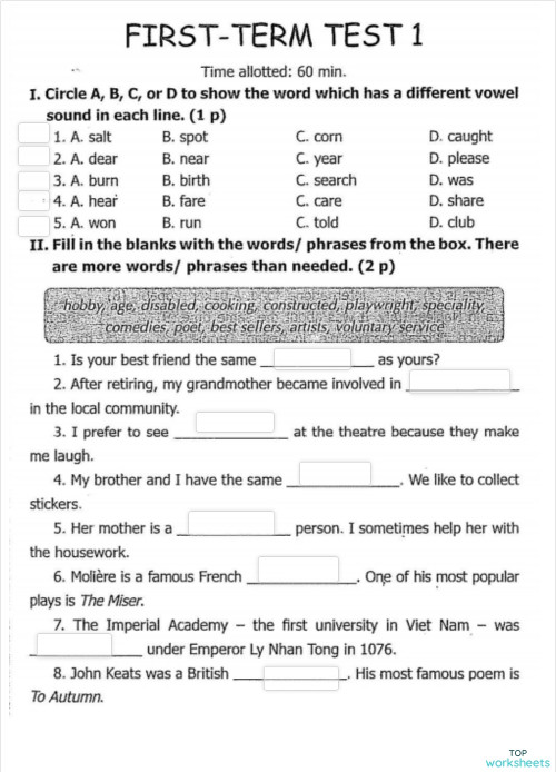 GRADE 7 - FIRST TERM TEST REVIEW 01. Interactive worksheet | TopWorksheets