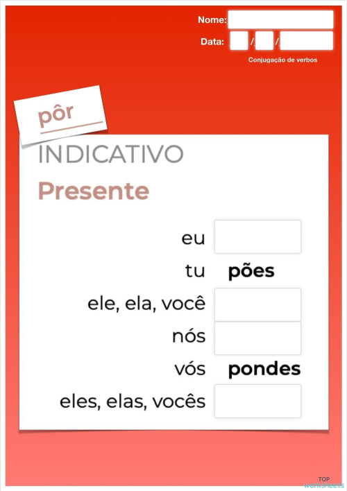 Conjugar verbo pôr. Ficha interativa | TopWorksheets