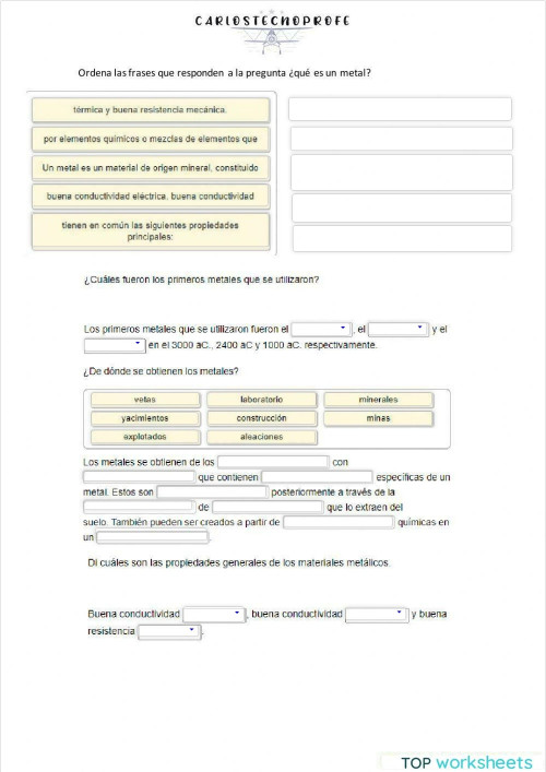 308 - Los metales. Ficha interactiva | TopWorksheets