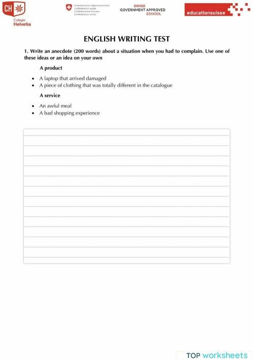 Writing Ex. - Test (Intermediate). Interactive worksheet | TopWorksheets