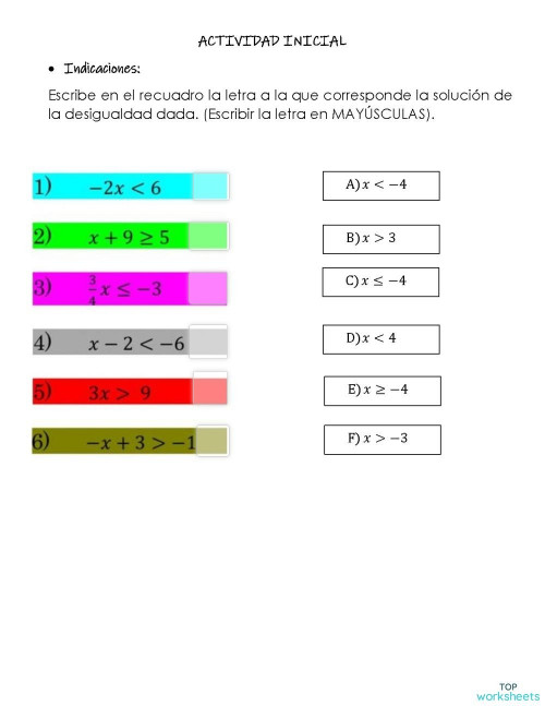 Actividad inicial desigualdades. Ficha interactiva | TopWorksheets