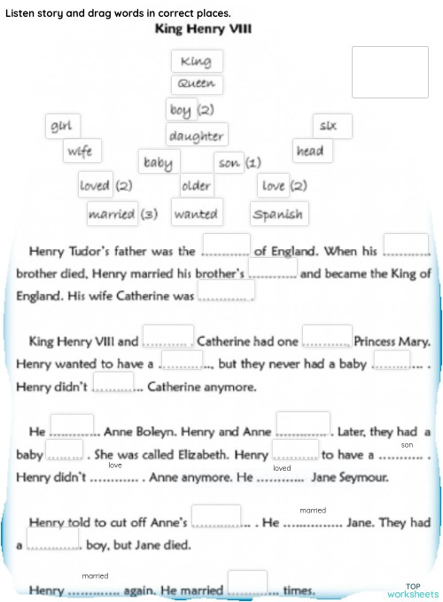 3 rd grade February King Henry VIII 1st level. Interactive worksheet ...