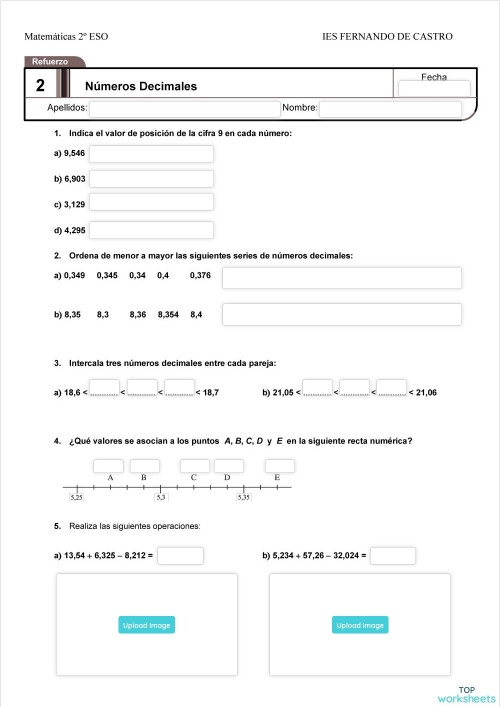Suma y restas de decimales. Ficha interactiva | TopWorksheets