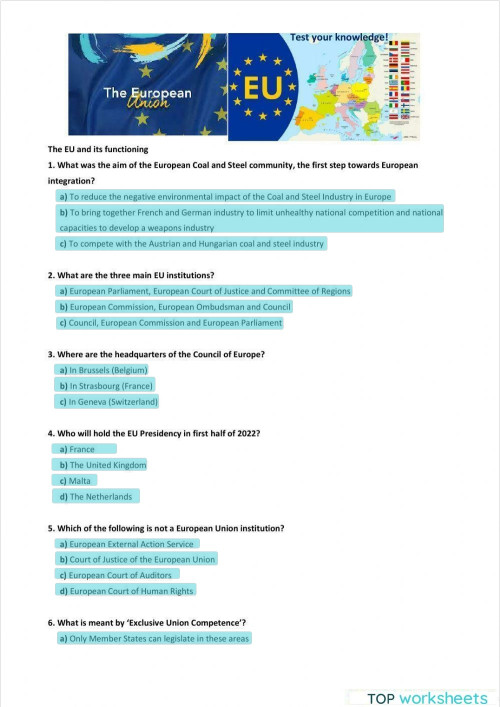 Test your knowledge on the European Union. Interactive worksheet ...