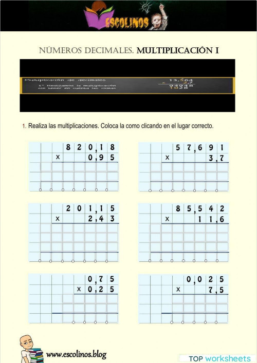 Números decimales. Multiplicación I. Ficha interactiva | TopWorksheets