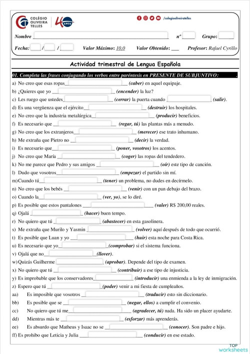 LOS VERBOS Y SU CONJUGACIÓN. Ficha interactiva | TopWorksheets
