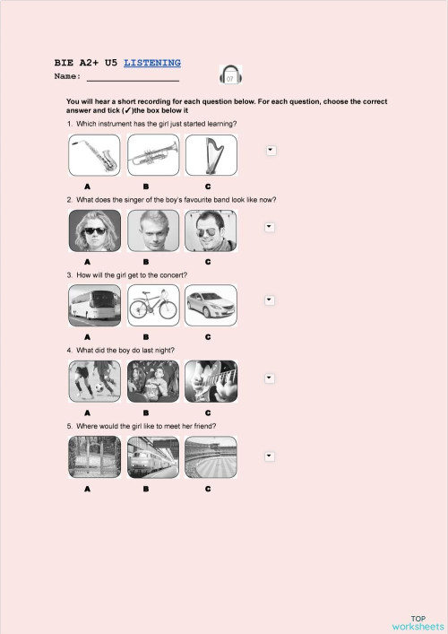 BIE A2+ U5 Listening test. Interactive worksheet | TopWorksheets